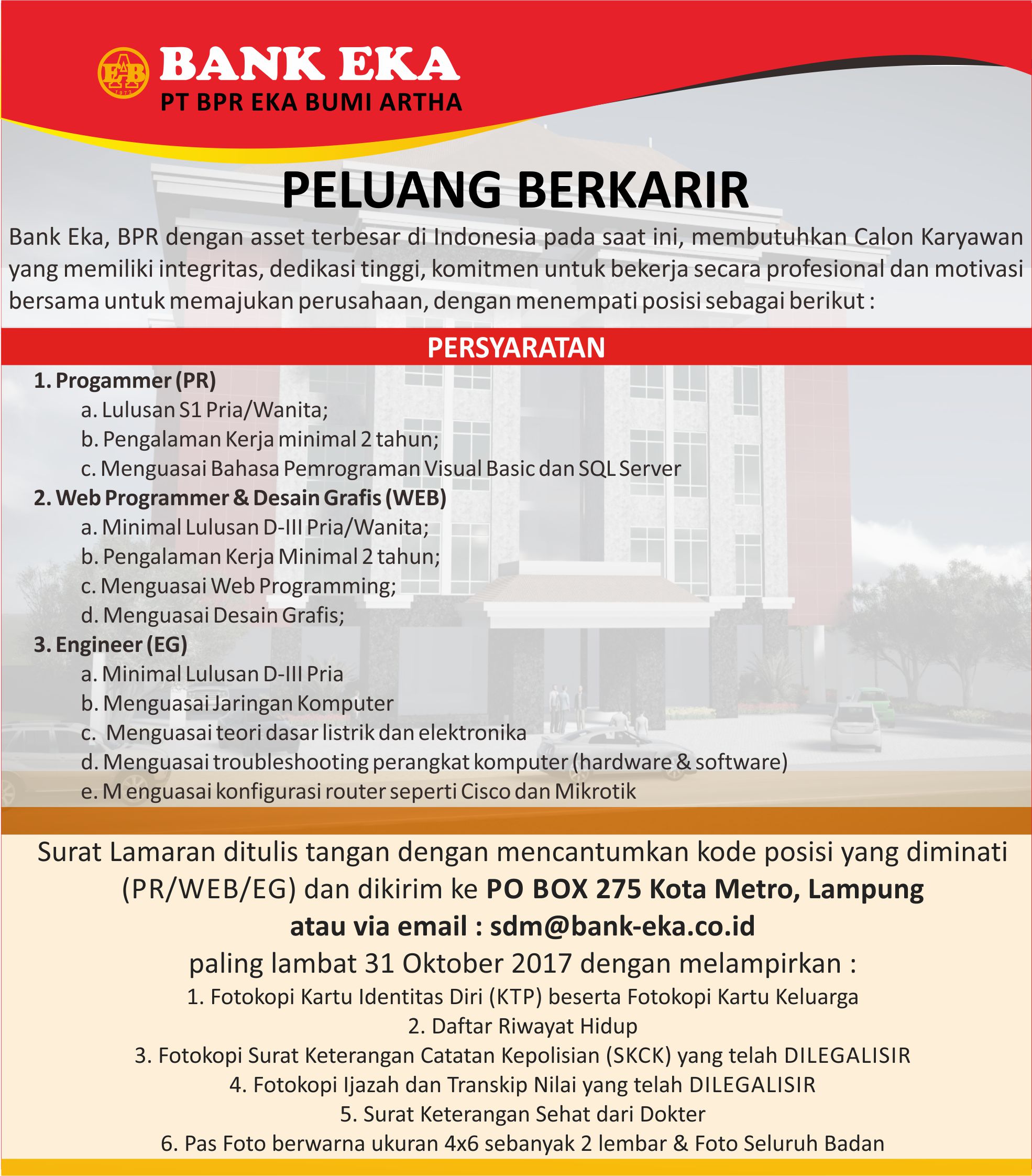 3 Lowongan PT BPR Eka Bumi Artha – Oktober 2017 - Gudang Seni Lampung